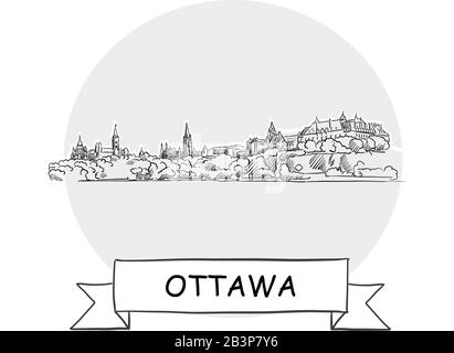 Ottawa Skyline Panorama Vector Sketch. Hand-drawn Illustration on blue ...