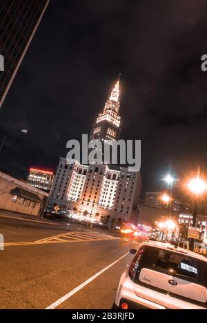 Terminal Tower at Night in Cleveland Ohio Stock Photo - Alamy
