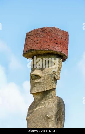 Moai with red topknot hat at Ahu Nau Nau in Anakena Beach on Easter ...