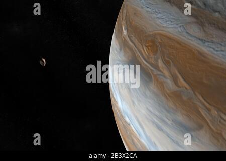 Satellite Amalthea, Jupiter V, orbiting around Jupiter planet. 3d ...