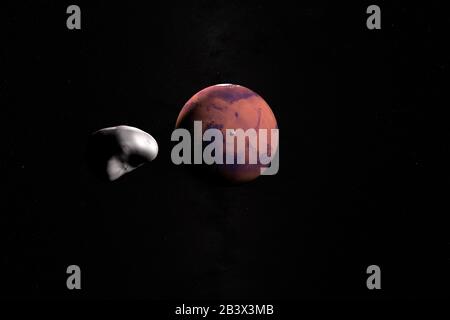 Satellites martians Phobos and Deimos orbiting around Mars planet. 3d ...