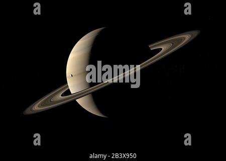 Janus moon orbiting around Saturn planet in the outer space. 3d render ...