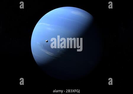 Proteus orbiting around Neptune planet. 3d render Stock Photo - Alamy