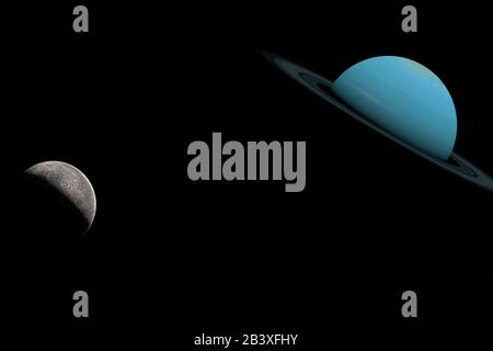 Umbriel moon orbiting around Uranus planet in the outer space. 3d ...