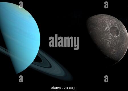 Satellite Umbriel orbiting around Uranus planet in the outer space. 3d ...