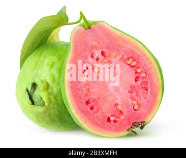Isolated guavas. Cut guava tropical fruits with yellow skin and pink ...