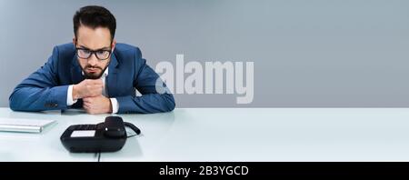 Waiting Landline Telephone Call On Corporate Office Phone Stock Photo ...