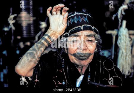 An elderly Ainu woman shows off childhood tattoos on her arms and hands ...
