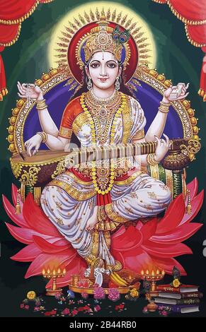 hinduism lord Saraswati seated spiritual swan holy power illustration ...