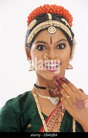 Close up shot of bharatanatyam dancer doing eye moments or drishti ...