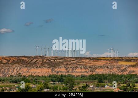 Wind farm in the Bardenas Reales desert in Navarre, Spain Stock Photo ...