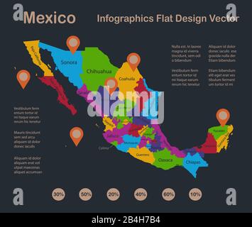 Infographics Mexico map outline, flat design, color blue orange vector ...