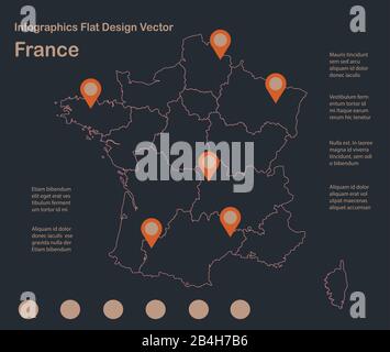 Infographics France map, flat design colors, with names of individual ...