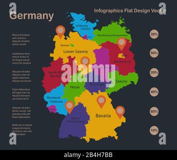 Infographics Germany map outline, flat design, color blue orange vector ...