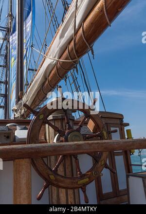 Ship's wheel, three-mast sailing ship Amorina, Red Sea Stock Photo - Alamy