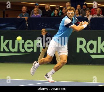 March 7, 2020 - Denis Istomin (UZB) returns volley during a Davis Cup ...