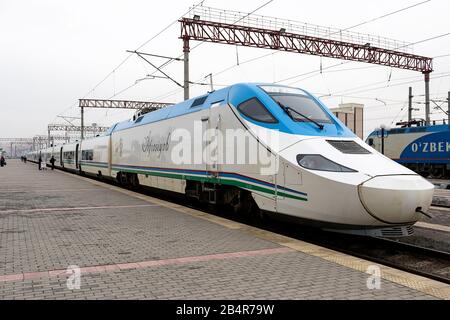 Bukhara, Uzbekistan: high-speed afrosiyob train and railway station. 24 ...