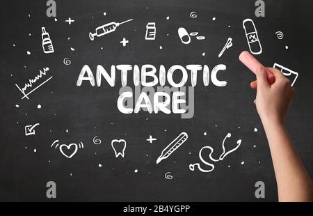 Hand drawing ANTIBIOTIC CARE inscription with white chalk on blackboard ...