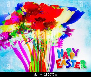 Happy Easter Greeting Card With Flowers, Hearts Stock Photo - Alamy