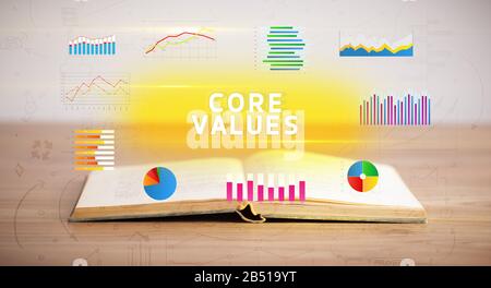 Open book with core values inscription. Light coming from open book ...