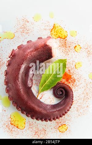 Cooked octopus tentalce isolated on a white background and decorated ...
