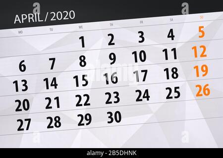 Calendar planner for the month april 2020, deadline day, 4, saturday ...