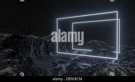 Glowing rectangle, mountains and night starry sky Stock Photo - Alamy