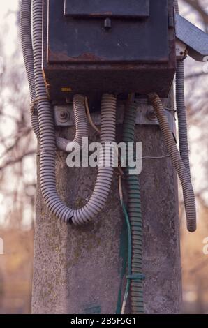 Electrical panel, a selective focus broken electrical panel behind the ...