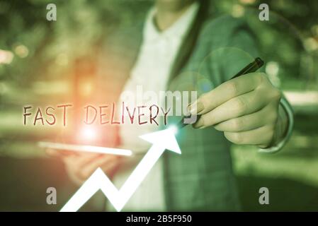 Writing note showing Fast Delivery. Business concept for Express action ...