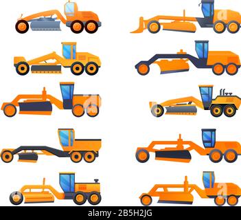 Road grader icons set cartoon vector. Heavy equipment vehicle. Repair ...