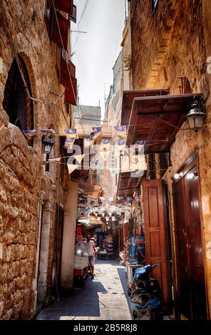 Old narrow street in Saida, Lebanon, Middle East, view from arc Stock ...
