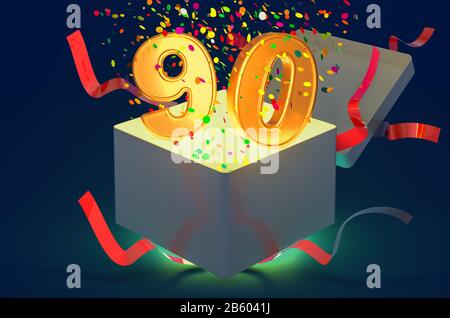 Happy 90th birthday blue surprise balloon and box. 3D Rendering Stock ...