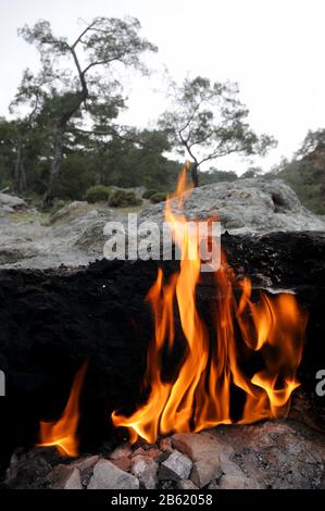 Flaming rock (Yanartas ) in Antalya, Turkey is generally believed to be ...