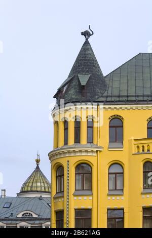 Cat House in Riga, Latvia. The cat sculpture on the roof of Cat House ...
