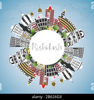 Rishikesh India City Skyline with Color Buildings, Blue Sky and ...