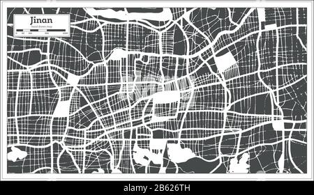Jinan China City Map in Black and White Color in Retro Style. Outline Map. Vector Illustration ...