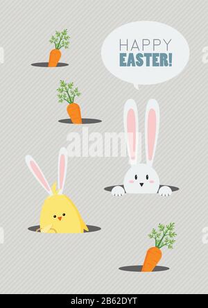Happy Easter Greeting Card with Cute White Bunnies and Eggs Stock ...