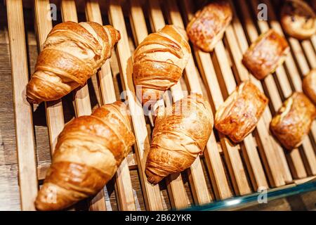 Homemade fresh croissants on display in a bakery cafe in Park Slope ...