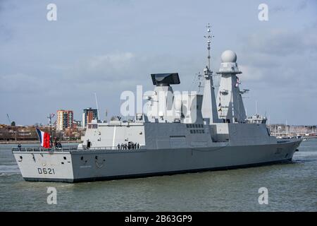 The French Navy (Marine Nationale) Horizon Class warship FS Chevalier Paul (D621) arriving at ...