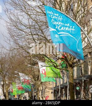 Welcome to Cardiff flags flying in city centre street, The Hayes ...