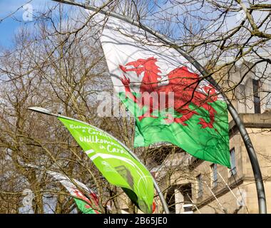 Welcome to Cardiff flags flying in city centre street, The Hayes ...