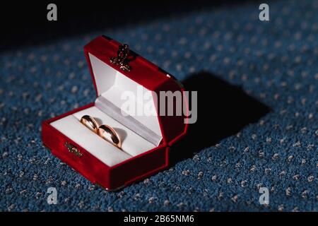 Two wedding rings in nice red box isolated on white background Stock ...