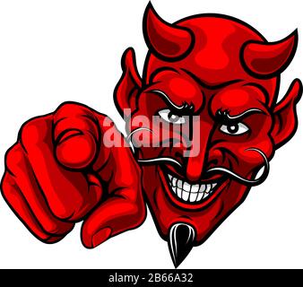 Cartoon devil face, smiling vector emoji, demon with red horns gloat ...