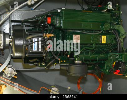 Looking down into the engine bay of a narrowboat fitted with a Vetus E ...