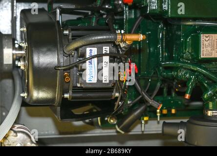 Looking down into the engine bay of a narrowboat fitted with a Vetus E ...