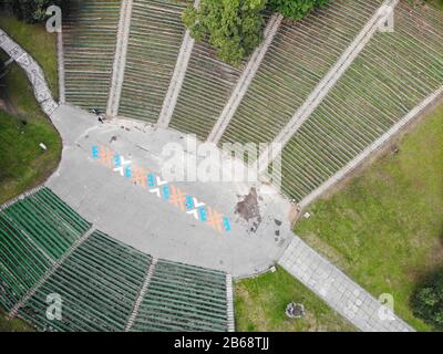Aerial view of Valley of songs (Dainu slenis) in Kaunas, Lithuania ...