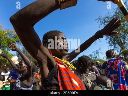 Larim tribe women dancing during a wedding celebration, Boya Mountains ...