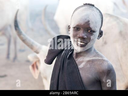 Smiling Mundari tribe boy covered in ash to repel flies and mosquitoes, Central Equatoria ...