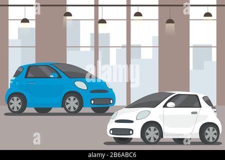 Car showroom with new modern cars. Automotive shop interior, cartoon ...