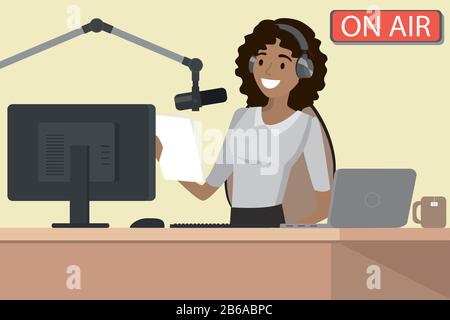 Radio DJ Woman Vector. Broadcasting. Modern Radio Station. Female Stock ...